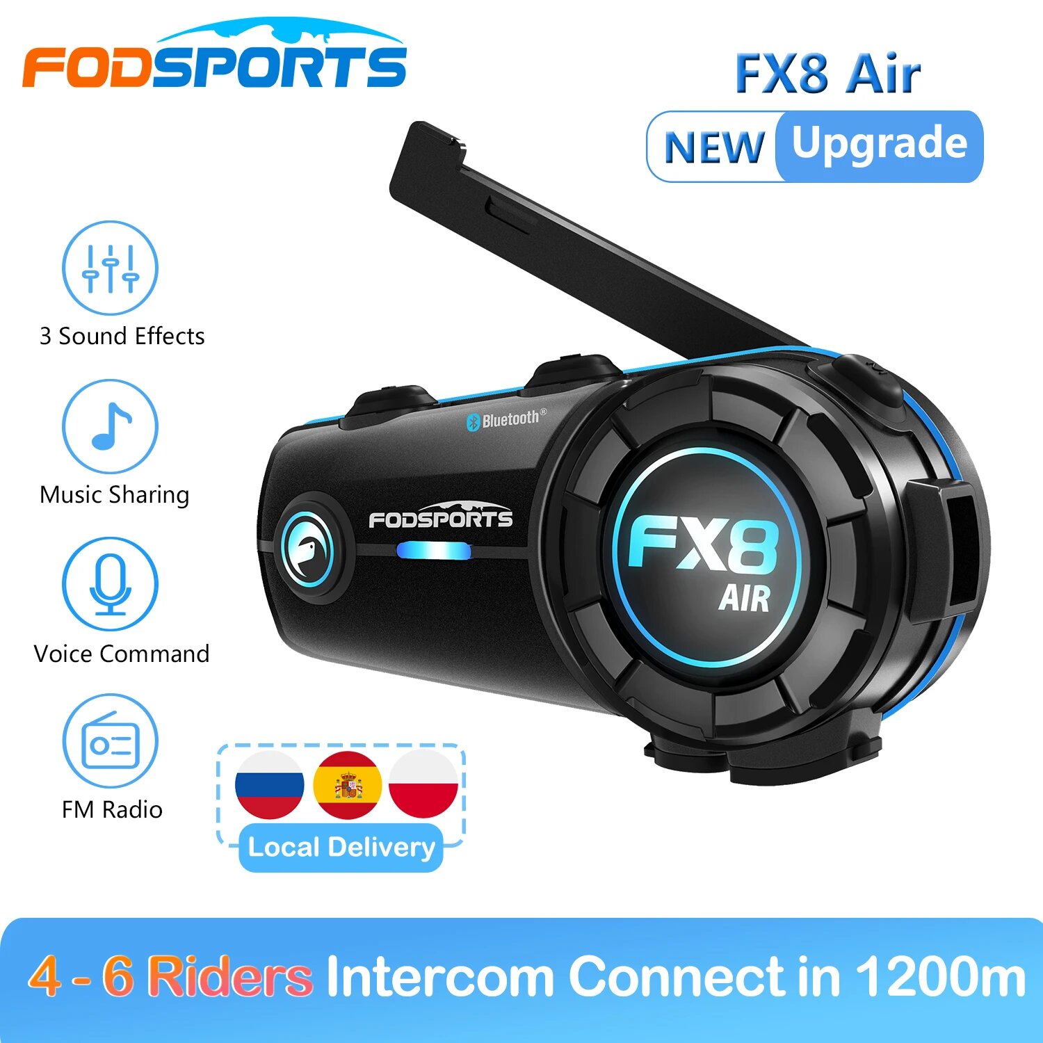 Мотогарнитура для шлема Bluetooth-гарнитура Fodsports FX8 Для мотоциклетного шлема, переговорное устройство для 2-х водителей мотогарнитура, домофон