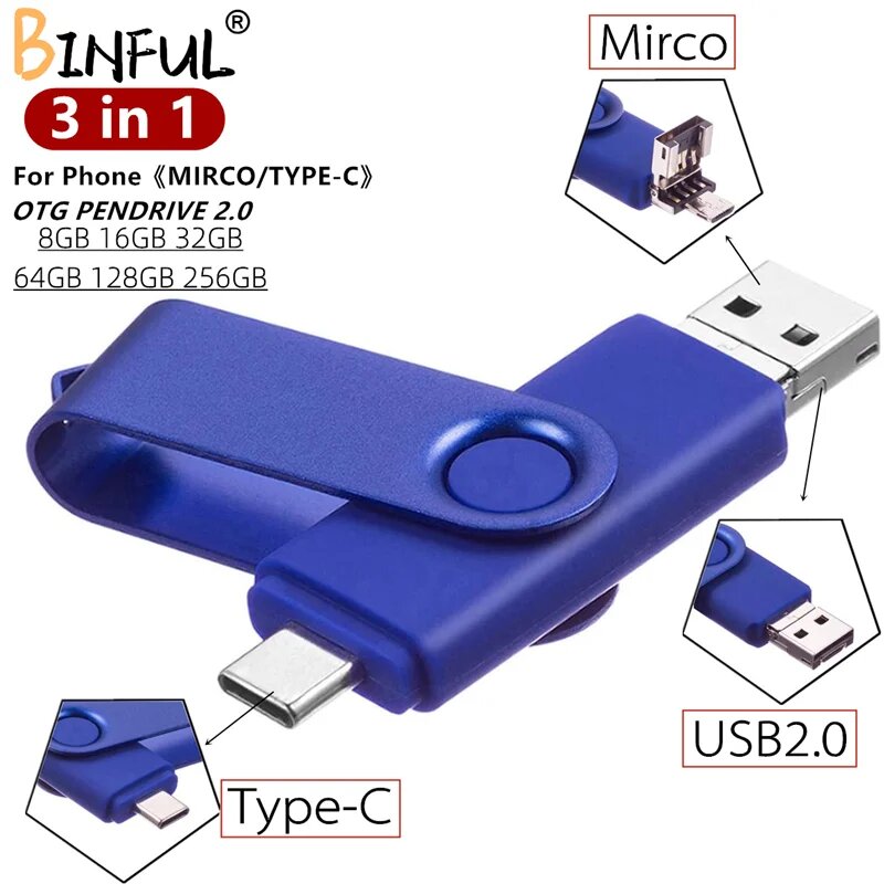 BiNFUL 3 в 1 USB флешка 512 ГБ 2 ТБ, Синий