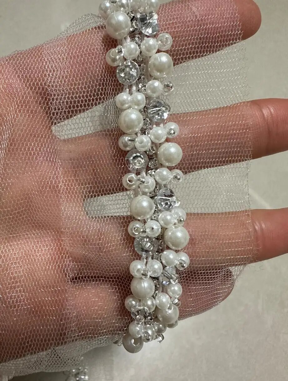 Кружевная лента с жемчугом и бусинами, полиэстер/хлопок, 45 см 16mm