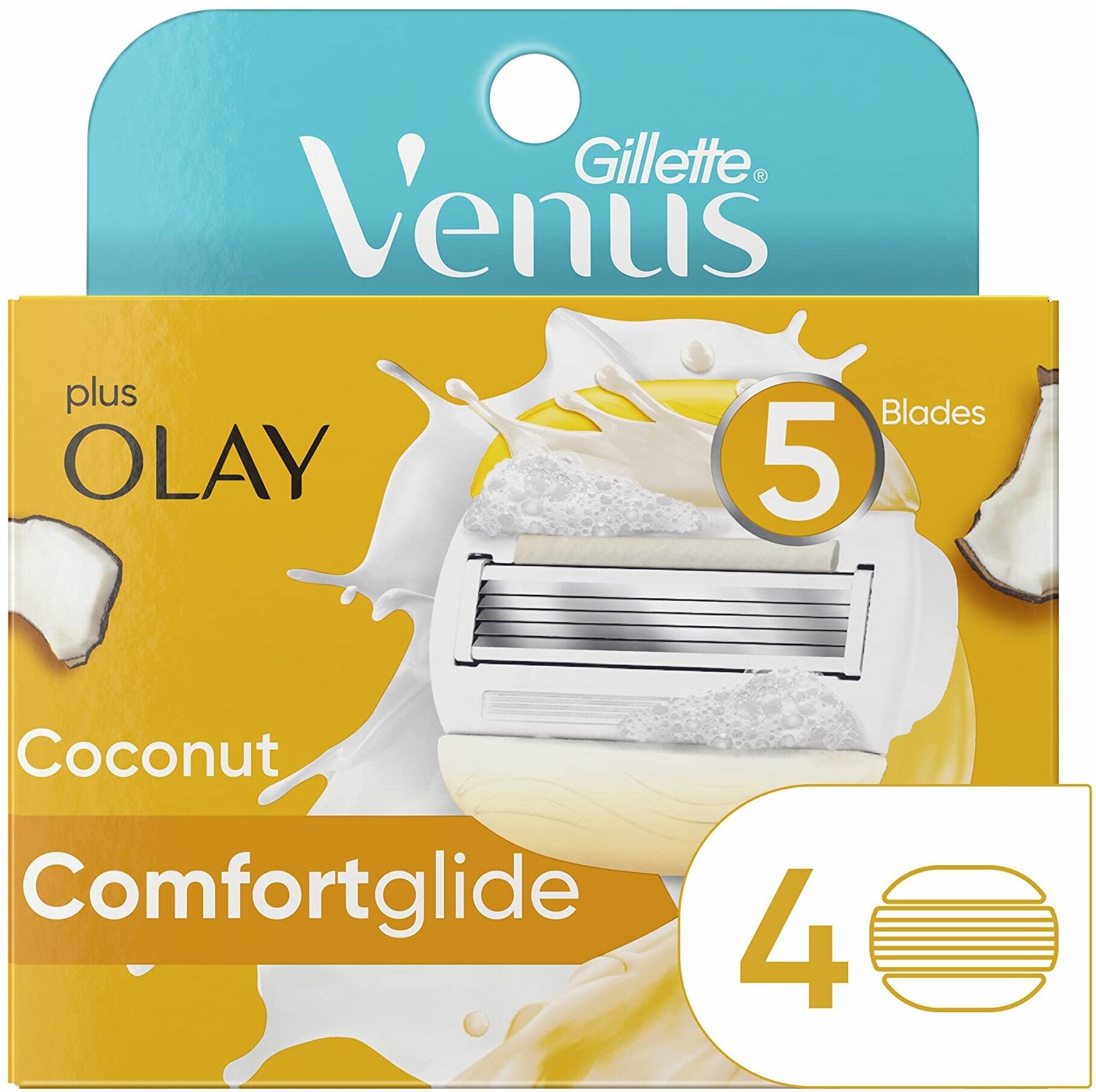 Venus ComfortGlide with Olay Сменные лезвия cо встроенными полосками с гелем для бритья, 4 шт, с 4 сменными лезвиями в комплекте