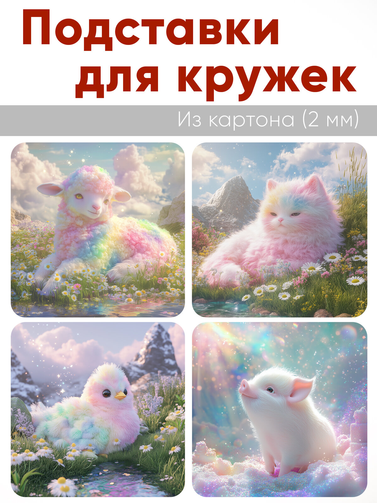 Подставки для кружек Питомцы фей , 4 шт (10 х 10 см), картон