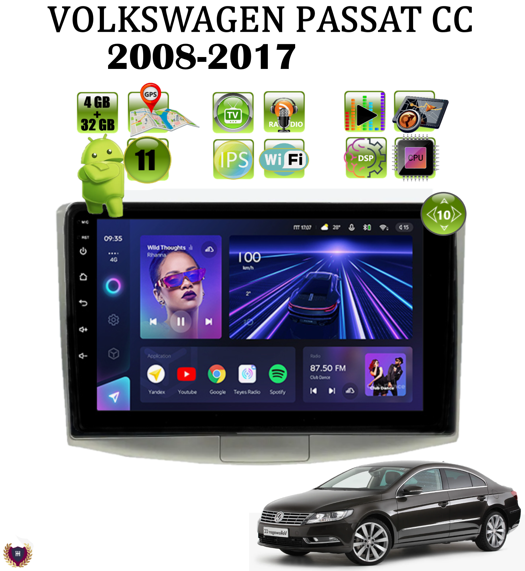 Автомагнитола для Volkswagen Passat CC (2008-2017) , Android 11, 4/32 GB, CarPlay, Bluetooth, WiFi, GPS, IPS, сенсорные кнопки, поддержка кнопок на руле