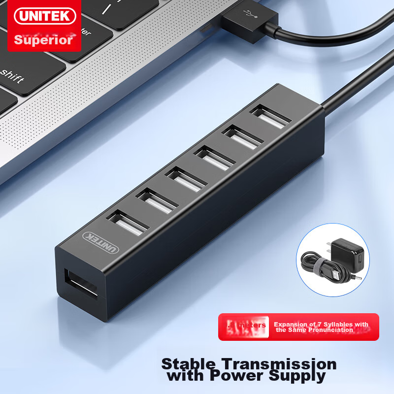 UNITEK USB Hub 2.0 with Power Supply, High-Speed Expansion Dock, 7-Port Hub, Laptop USB Expansion Dock Converter Y-2160ABK