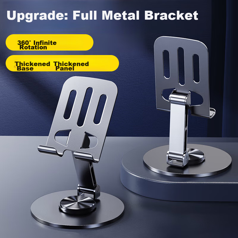 KOVOL [Upgraded Thickened Carbon Steel] Phone Stand, IPad Tablet Stand, Lazy Desktop Bedside Stand for Live Streaming, Gaming, Binge-Watching, Compact Foldable Portable 360° Rotating Model - Gun Color