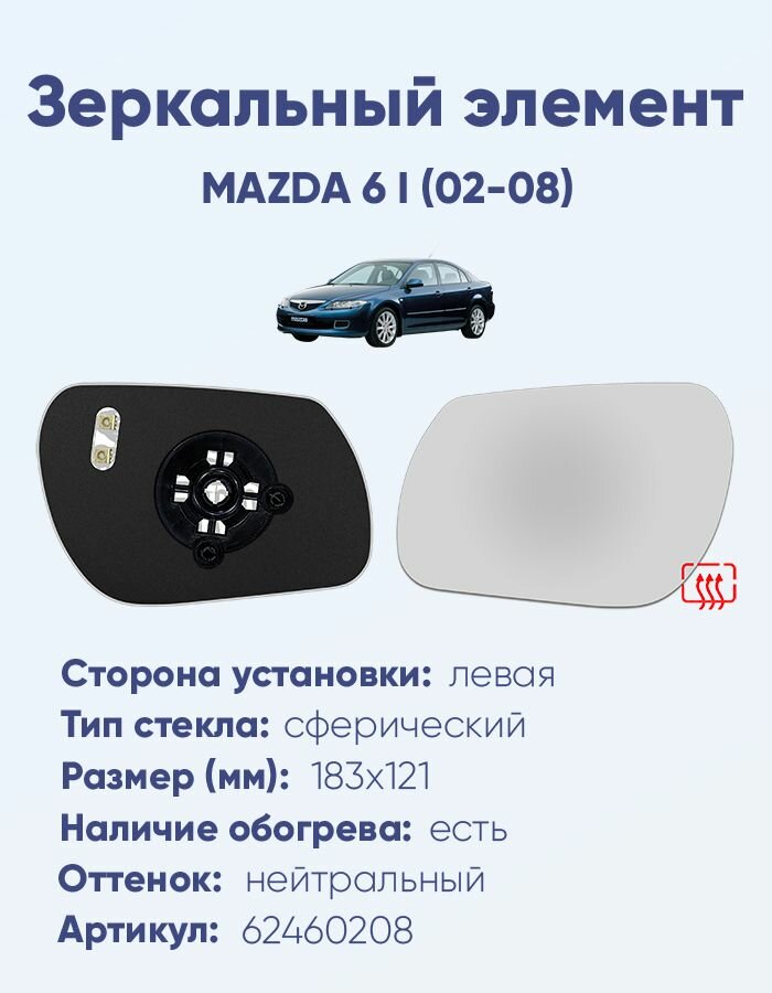 Зеркальный элемент левый MAZDA 6 I (02-08) сфера нейтральный с обогревом