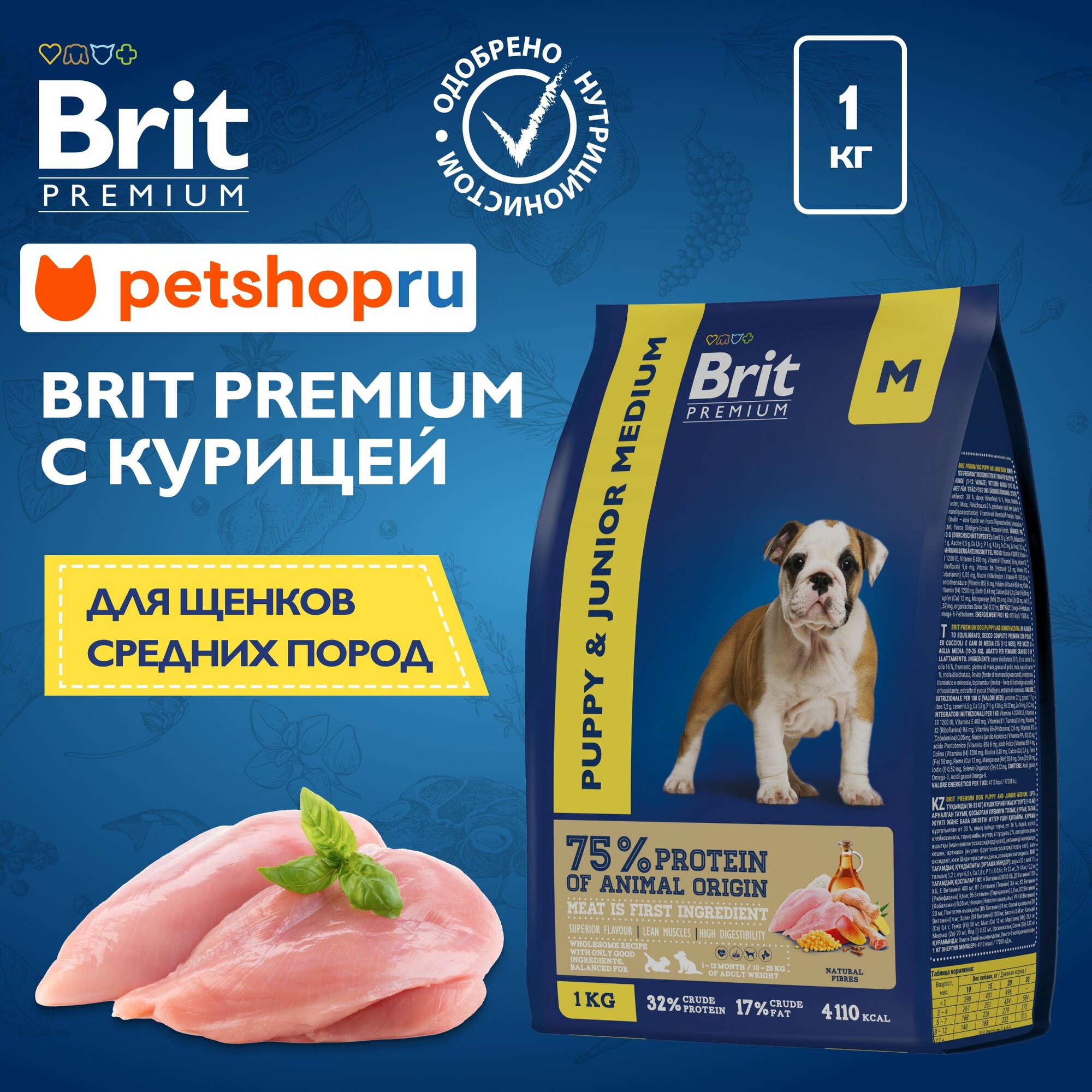 Brit Сухой корм с курицей для щенков и молодых собак, 1кг.
