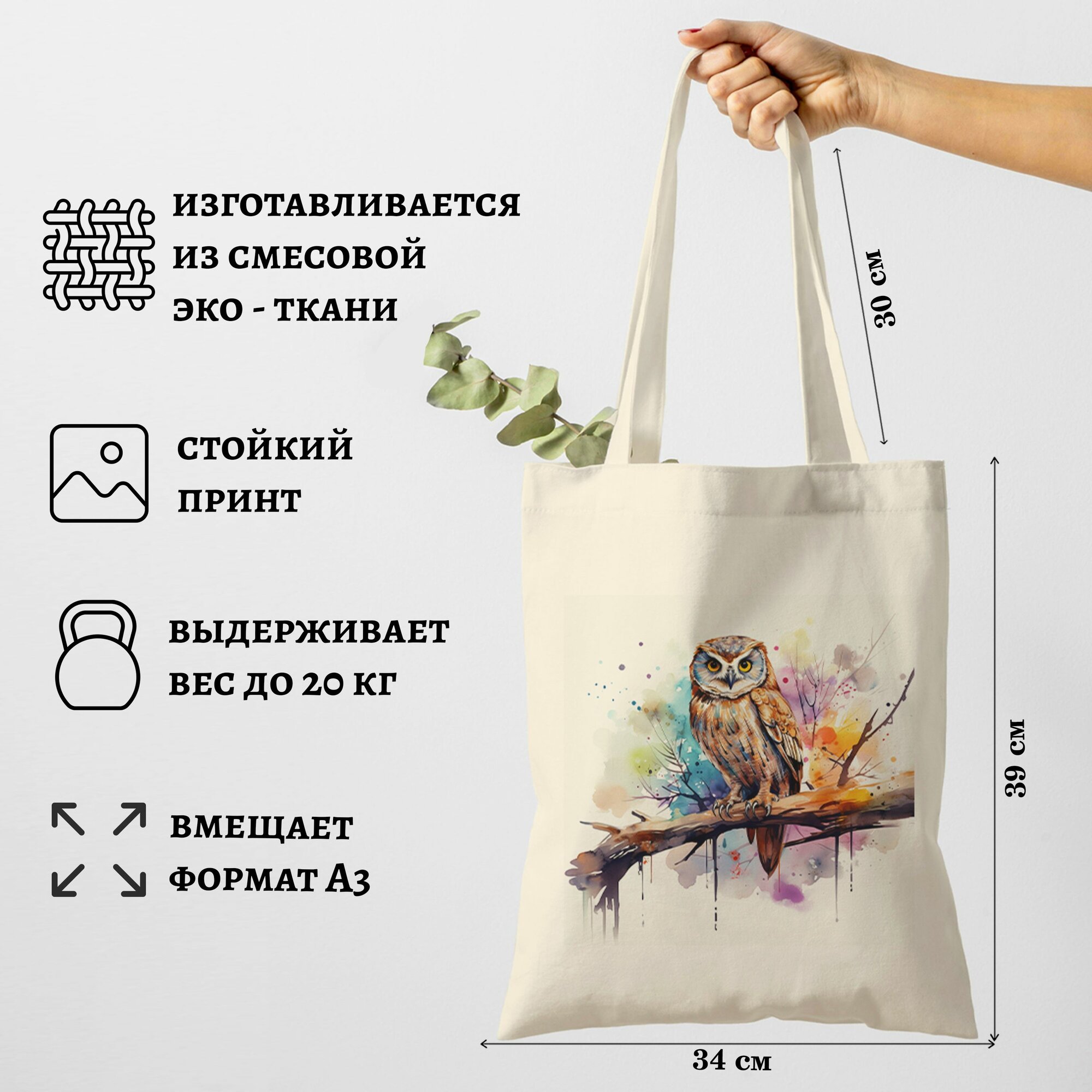 Сумка шоппер шоппер с принтом "Совушка", шопер авоська холщовая с рисунком в подарок