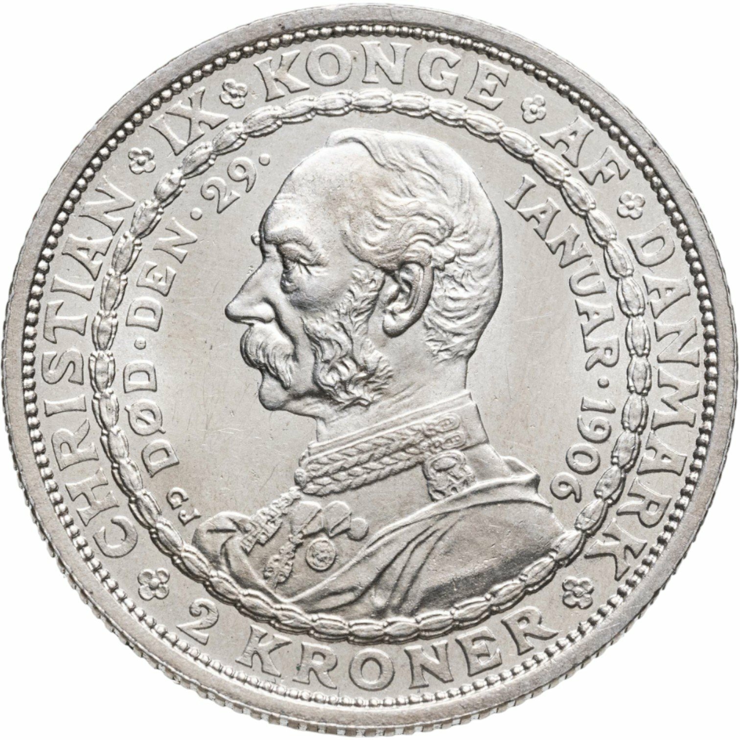 Дания 2 кроны 1906 "Смерть Кристиана IX и вступление на престол Фредерика VIII", Серебро 800, в сохранности UNC