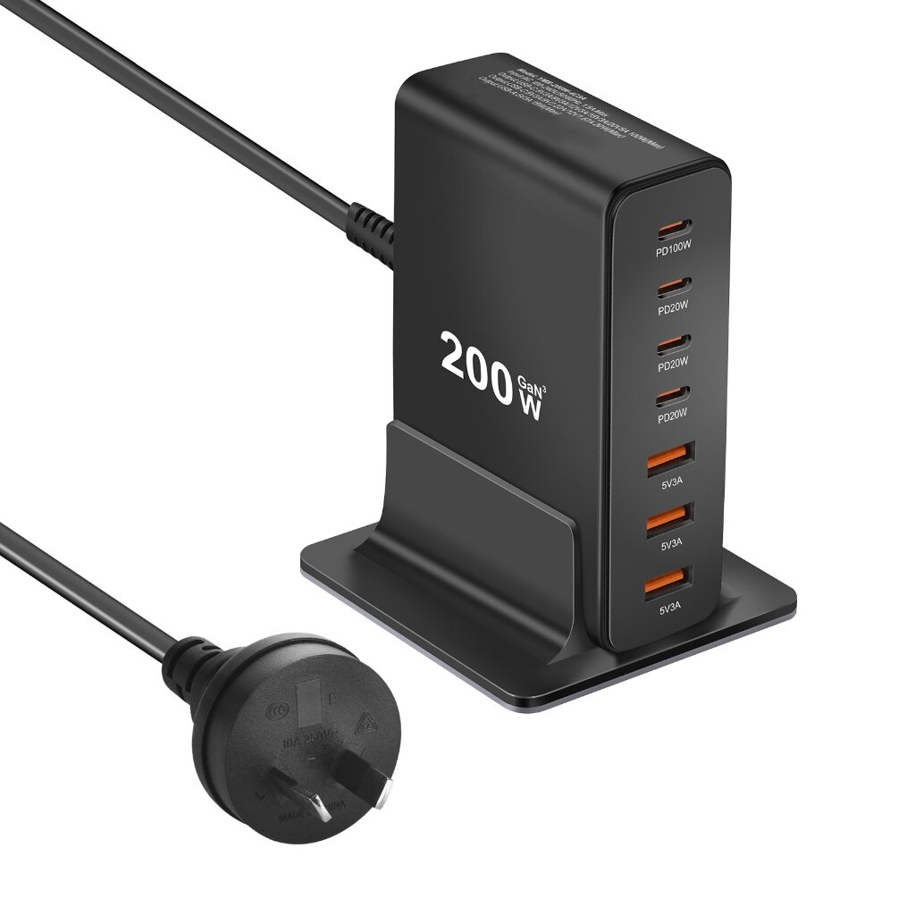 Зарядный кирпичный концентратор Зарядная станция мощностью 200 Вт, 7-портовый USB-адаптер питания для зарядки, Настольный блок быстрых зарядных устройств USB Type C PD