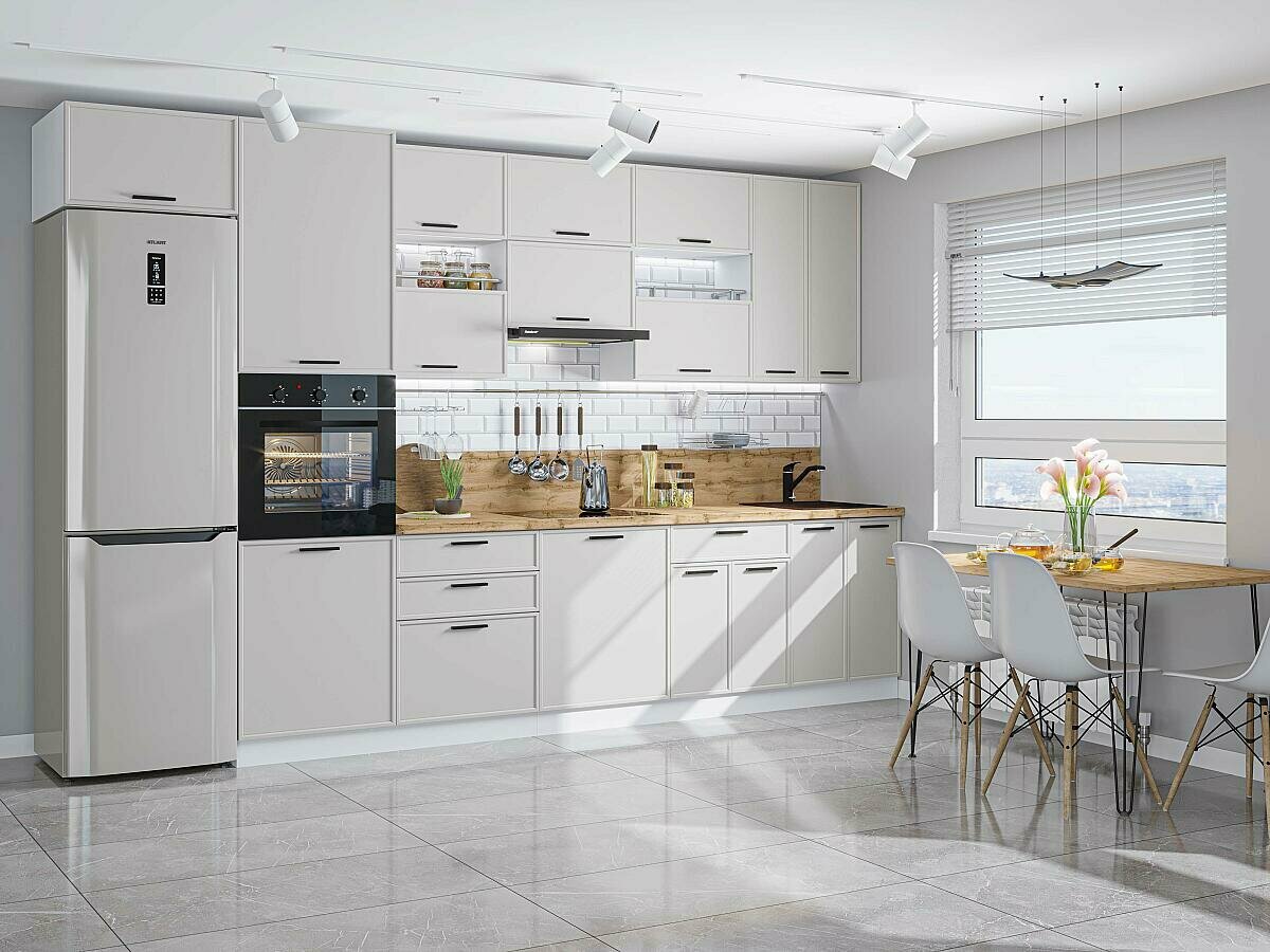 Готовый кухонный гарнитур кухня Фрейм-04 360x234x60 см, Cream Silk, Белый