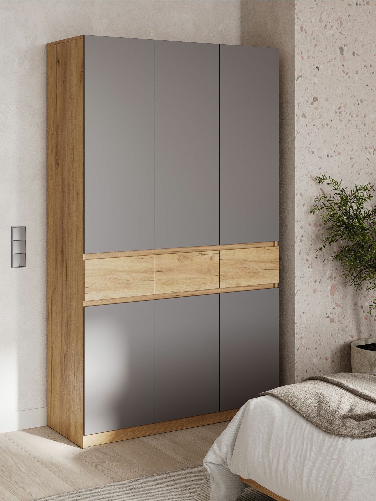 Распашной шкаф для одежды и хранения вещей Бостон Лайт Миди со штангой, с полками, с ящиками, 120х51х210 см, Дуб Крафт золотой / Серый шифер