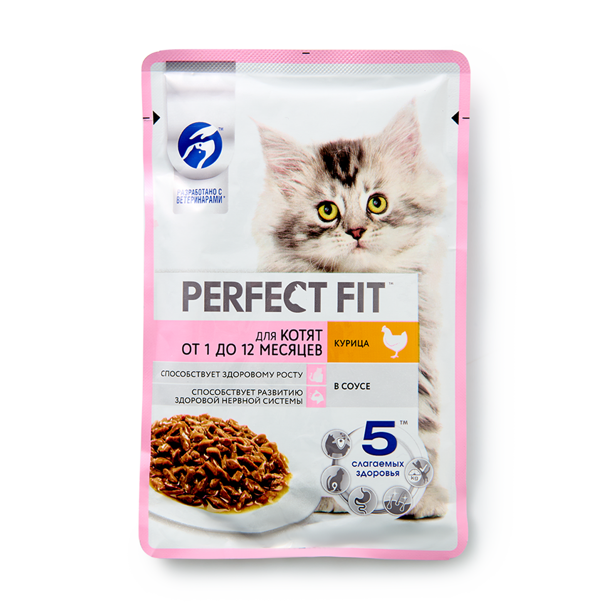 Влажный корм для котят Perfect Fit, курица в соусе, пауч, 75 г