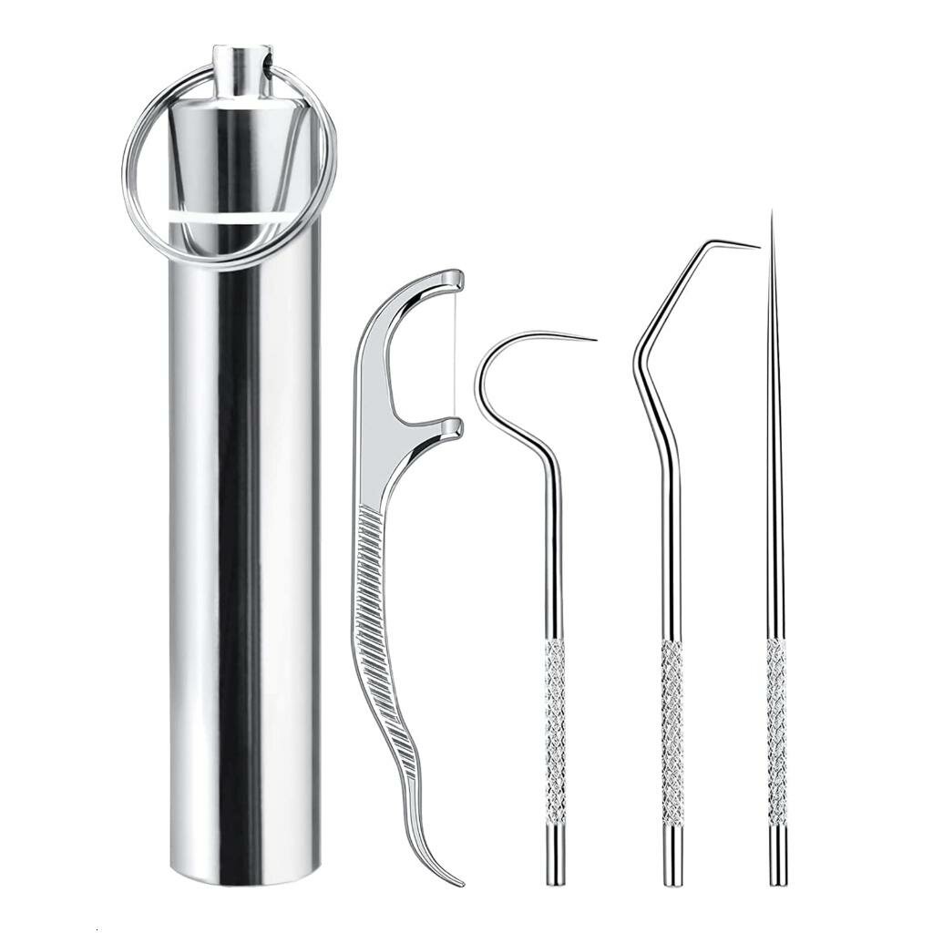 Многоразовые зубочистки из стали с держателем, 4шт