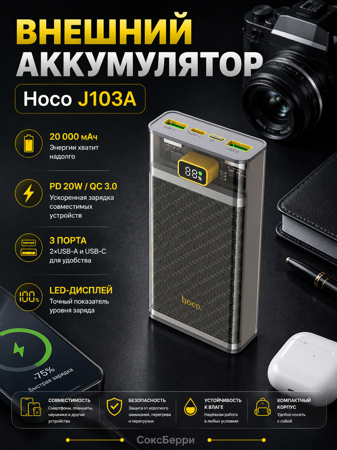 Внешний аккумулятор Hoco Discovery J103A, 20000 mAh, быстрая зарядка