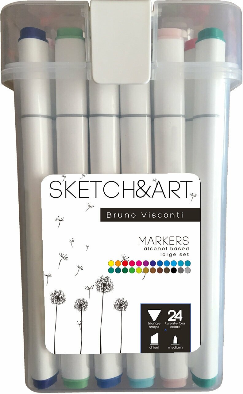 Маркеры для скетчинга двусторонние набор 24цв Sketch&Art Средний пласт. пенал BRUNO VISCONTI 22-0077