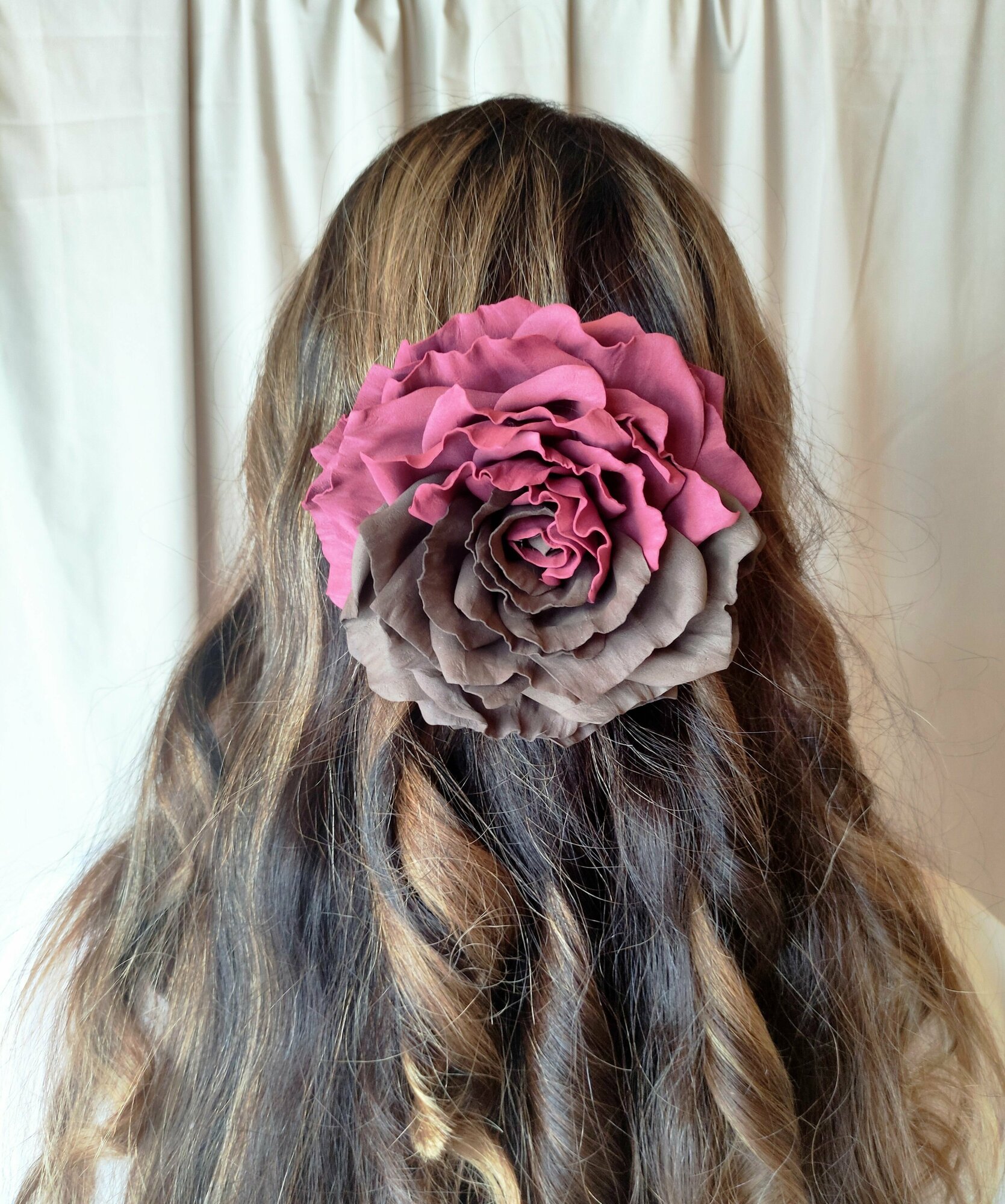 Заколка цветок роза большая ручной работа красно-коричневая