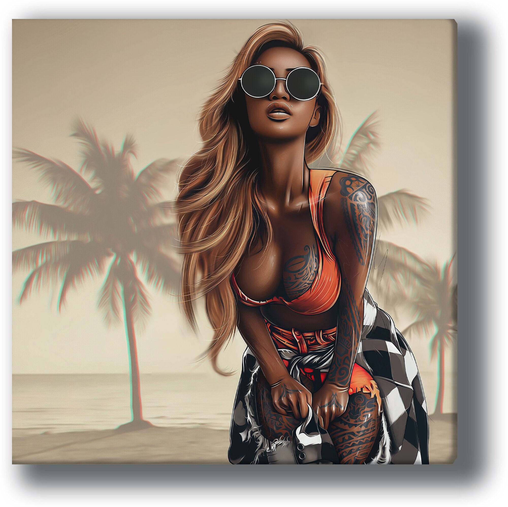 Картина для интерьера на холсте "Девушка с татуировкой и Пальмы" 60х60 см, холст без подрамника