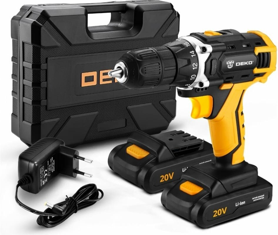 Аккумуляторная дрель-шуруповерт DEKO + набор 63 инструмента в кейсе DKCD20FU-Li 2.0Ahx2 63 tools + 063-4093