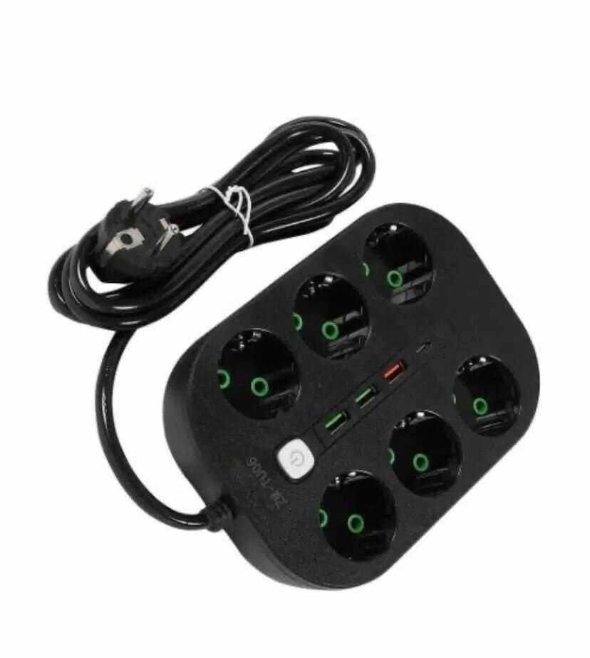 Удлинитель сетевой QL-2207, 6 розеток/4 USB/1 Type-C/2м/черный