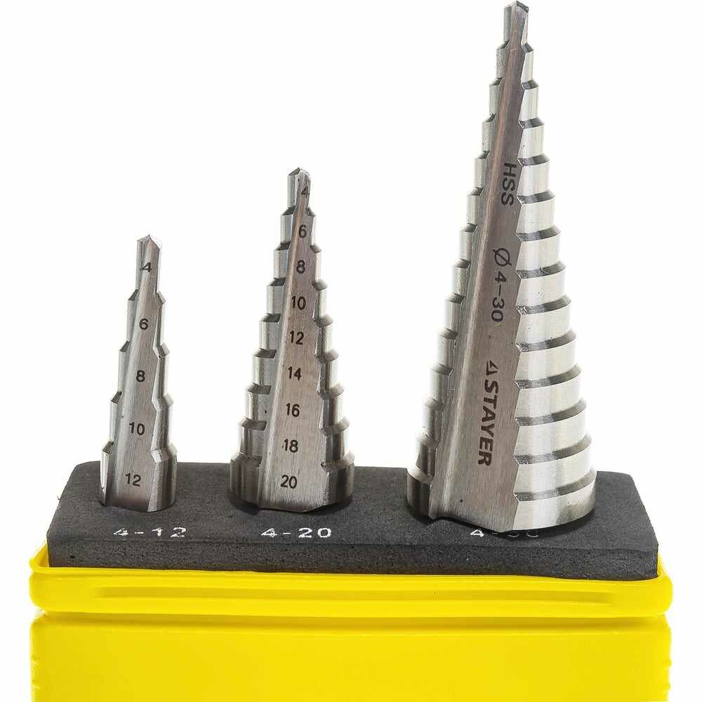 STAYER Набор "MASTER": Ступенчатые сверла по сталям и цвет. мет, сталь HSS, d=4-12мм,5 ступ. d 4-20 мм 9 ступ, d 4-30мм 14ступ. 29660-4-30-H3 29660-4-30-H3