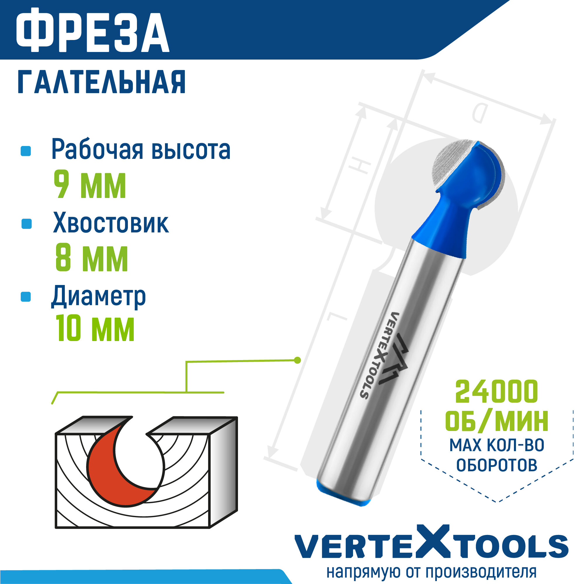 Фреза пазовая галтельная VertexTools по дереву Ø 10 мм. / 8 мм. хвостовик
