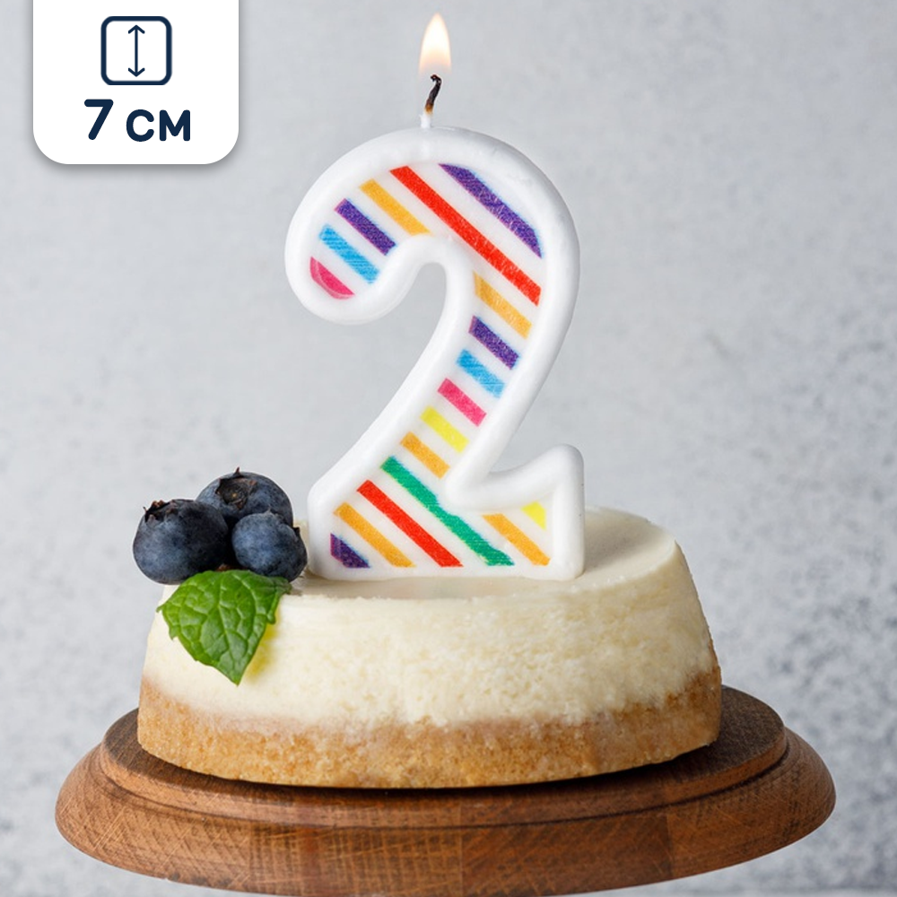 Свеча для торта парафиновая Riota Полосы разноцветные, Цифра 2, 7 см, 1 шт