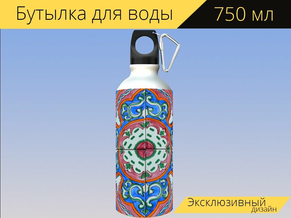 Бутылка фляга для воды "Керамическая плитка, изобразительное искусство, дизайн" 750 мл. с карабином и принтом