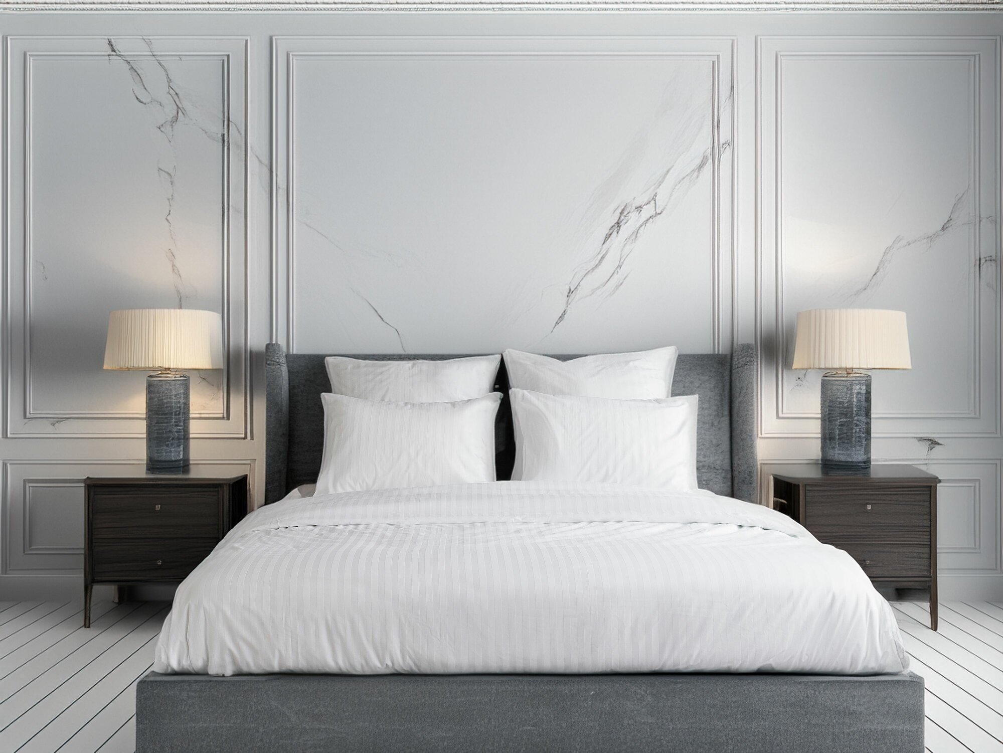 Постельное белье Amass "Queen Size Stripe-Satin", страйп-сатин, Евро, белое