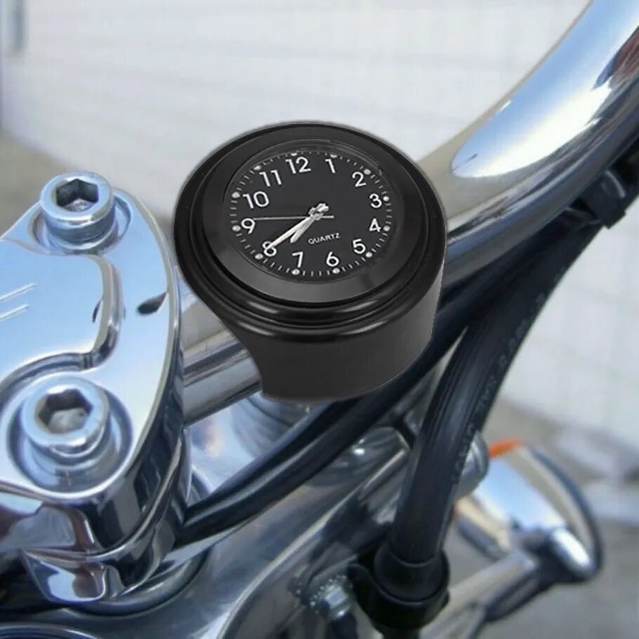 Мотоциклетные часы на руль мотоцикла водонепроницаемые, черный корпус-черный циферблат