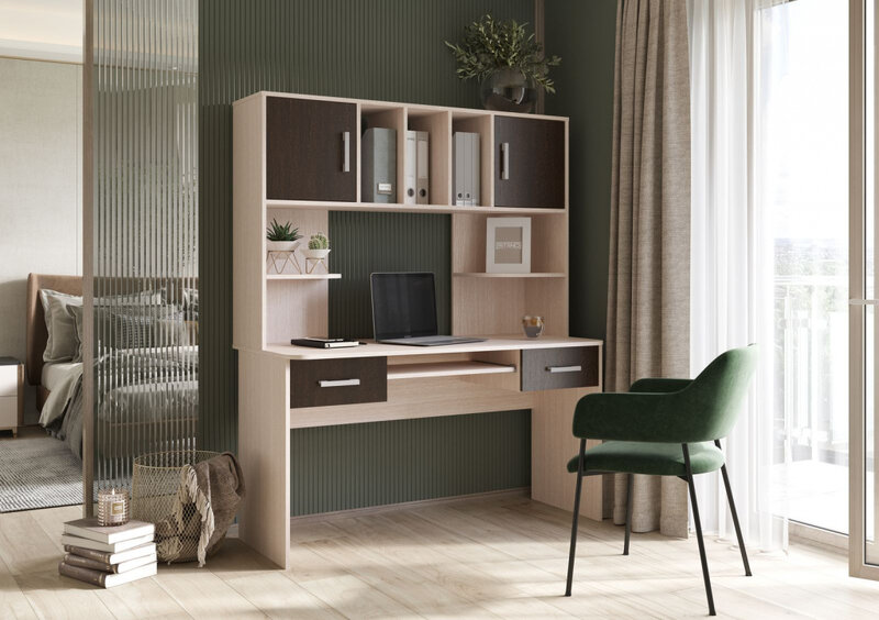 Компьютерный стол №8 с надстройкой и полками, 140×170×60 см, венге / белфорд