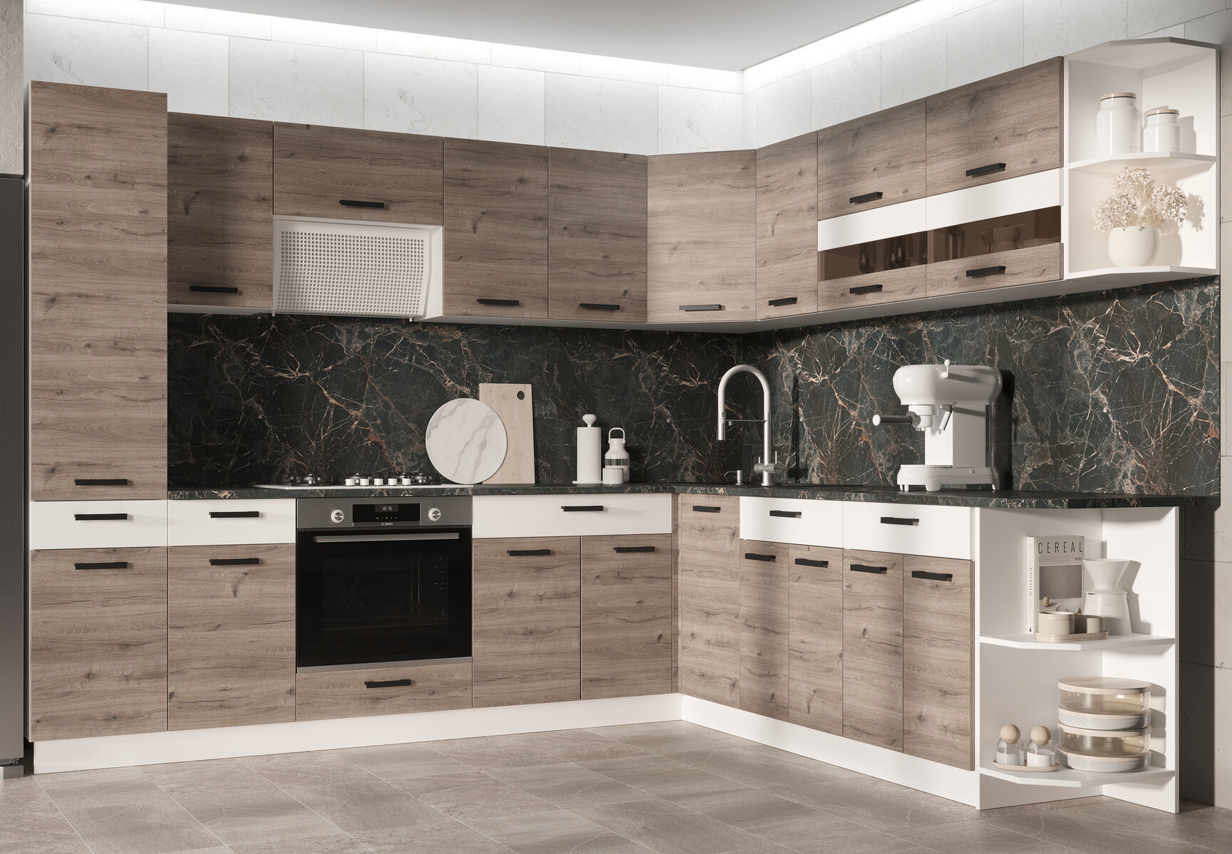 Кухонный гарнитур, кухня угловая Эра 2,9/2,49 м Дуб Горный/Белый гладкий