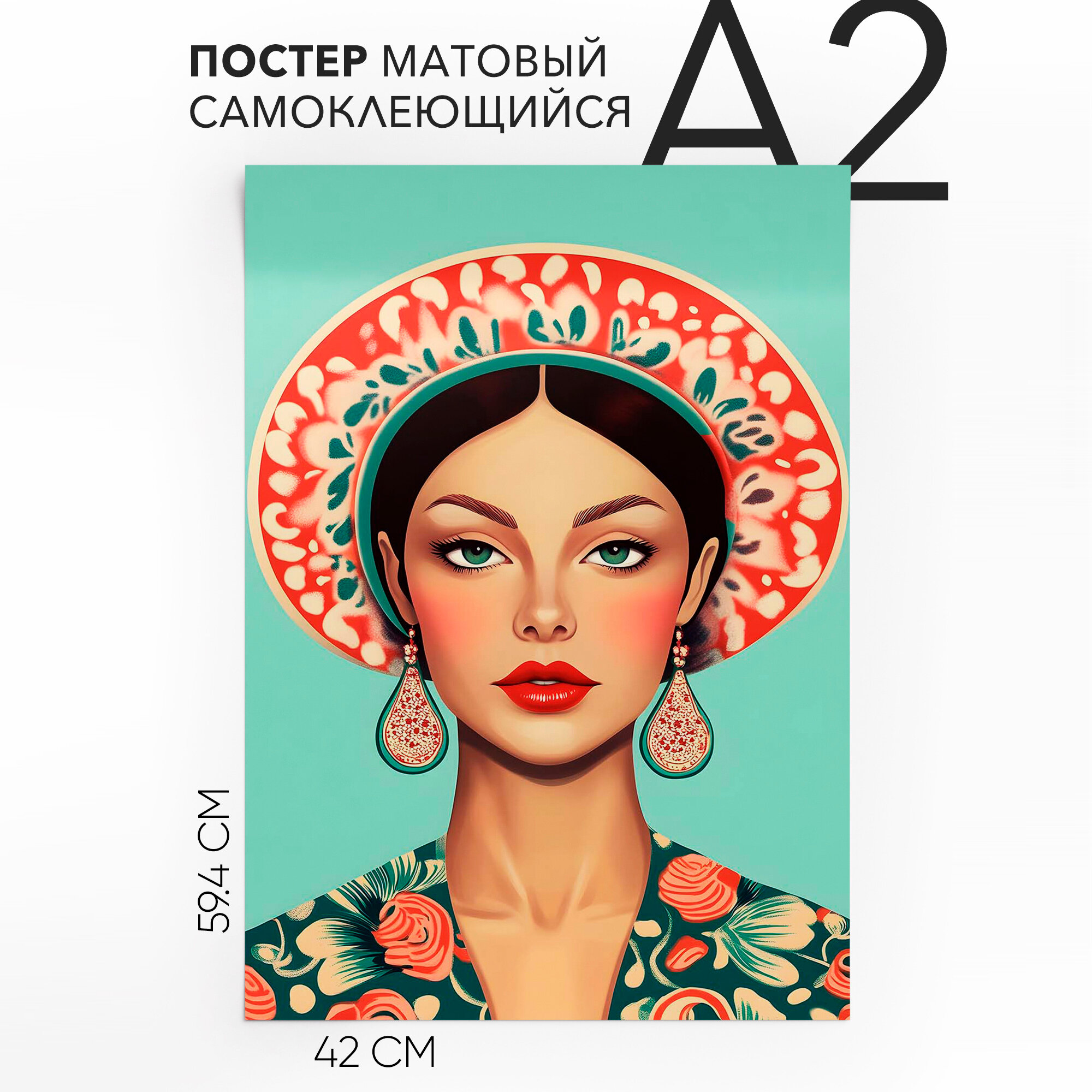 Интерьерные постеры на стену самоклеящийся, большой A2 Портрет девушки, влагостойкий, для декора