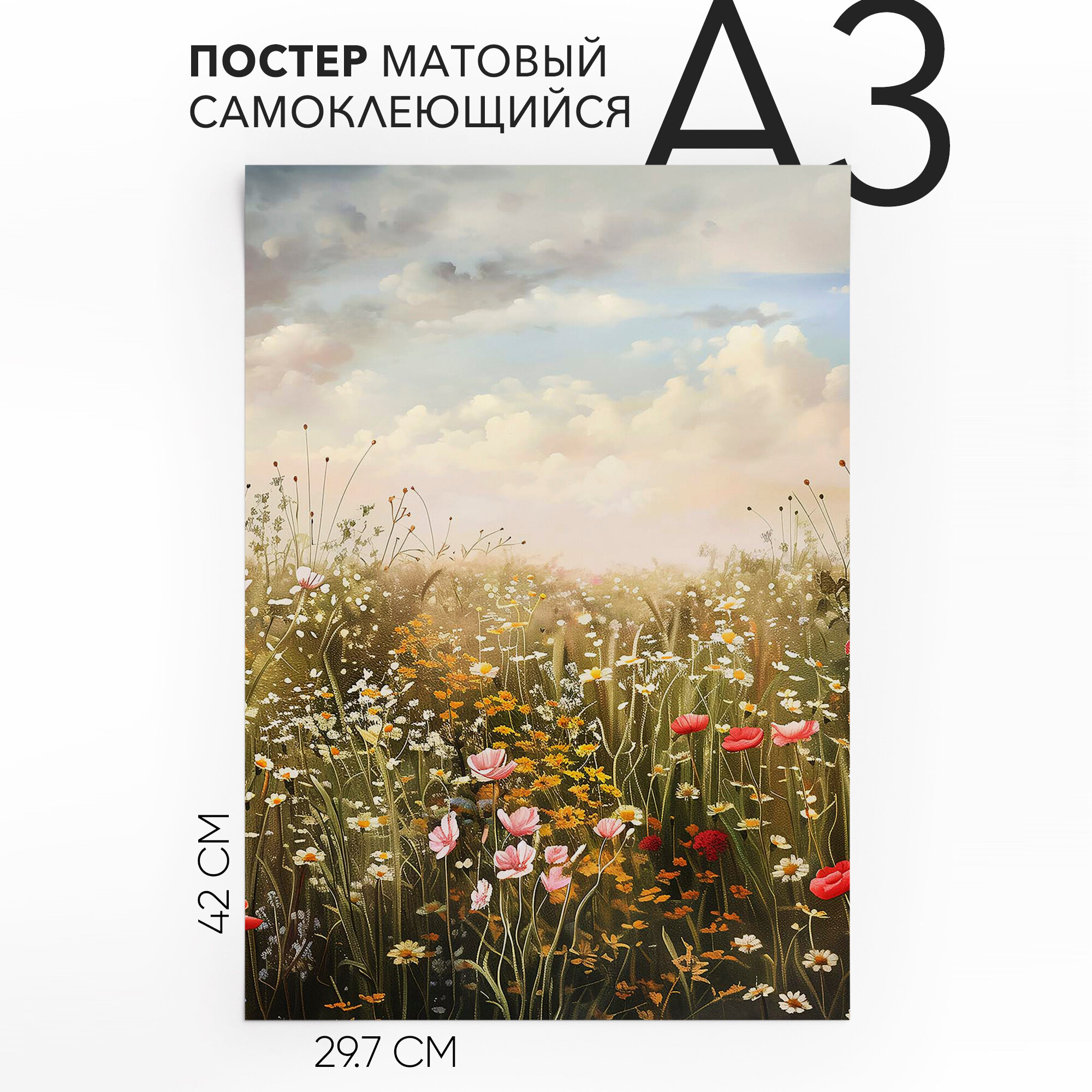 Постеры на стену интерьерные самоклеящийся A3 Поле с цветами, влагостойкий, для декора