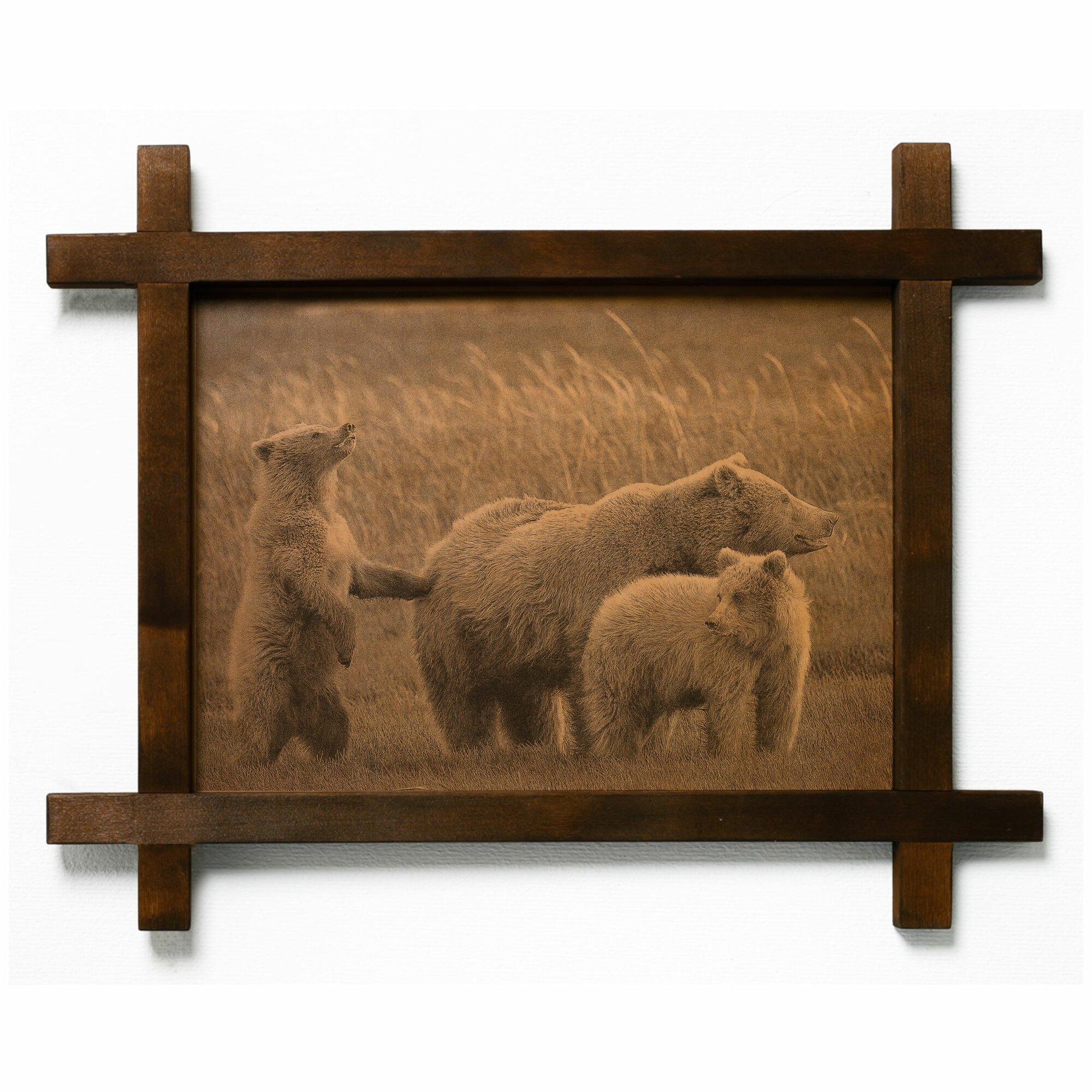 Картина интерьерная, натуральная кожа, "Медведица и медвежата", в деревянной раме, BoomGift