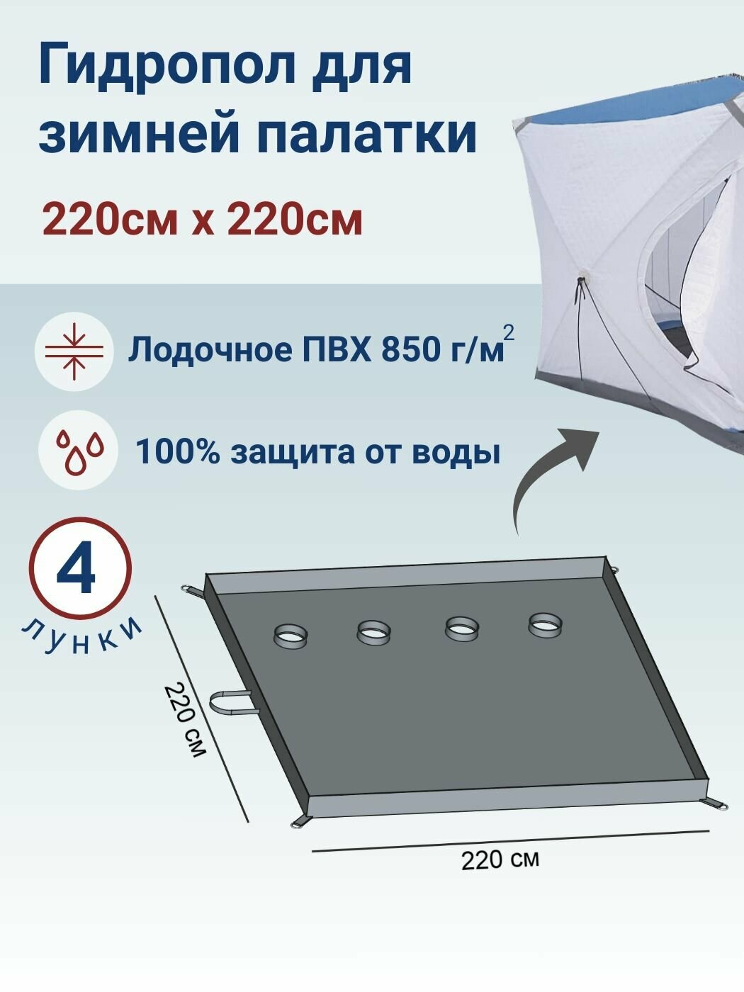Гидропол для палатки КУБ 220 см х 220 см, водонепроницаемый пол для палатки, гидроизоляционный пол, гидродно