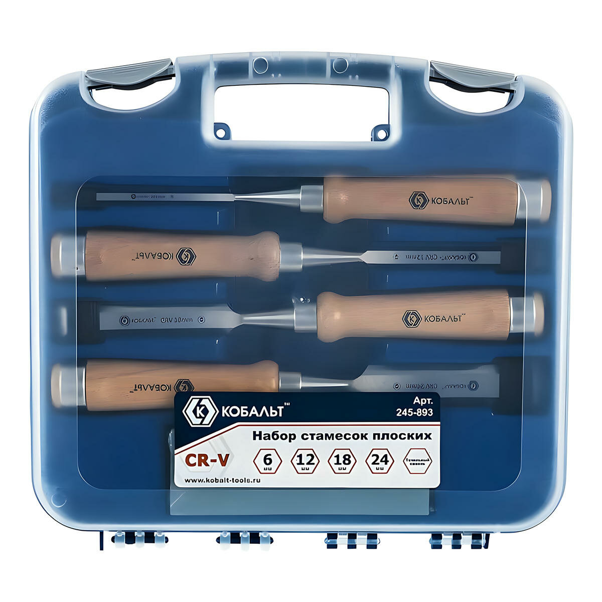 Набор стамесок 4 шт. (6/12/18/24 мм, деревянные ручки, точильный камень) кобальт 245-893