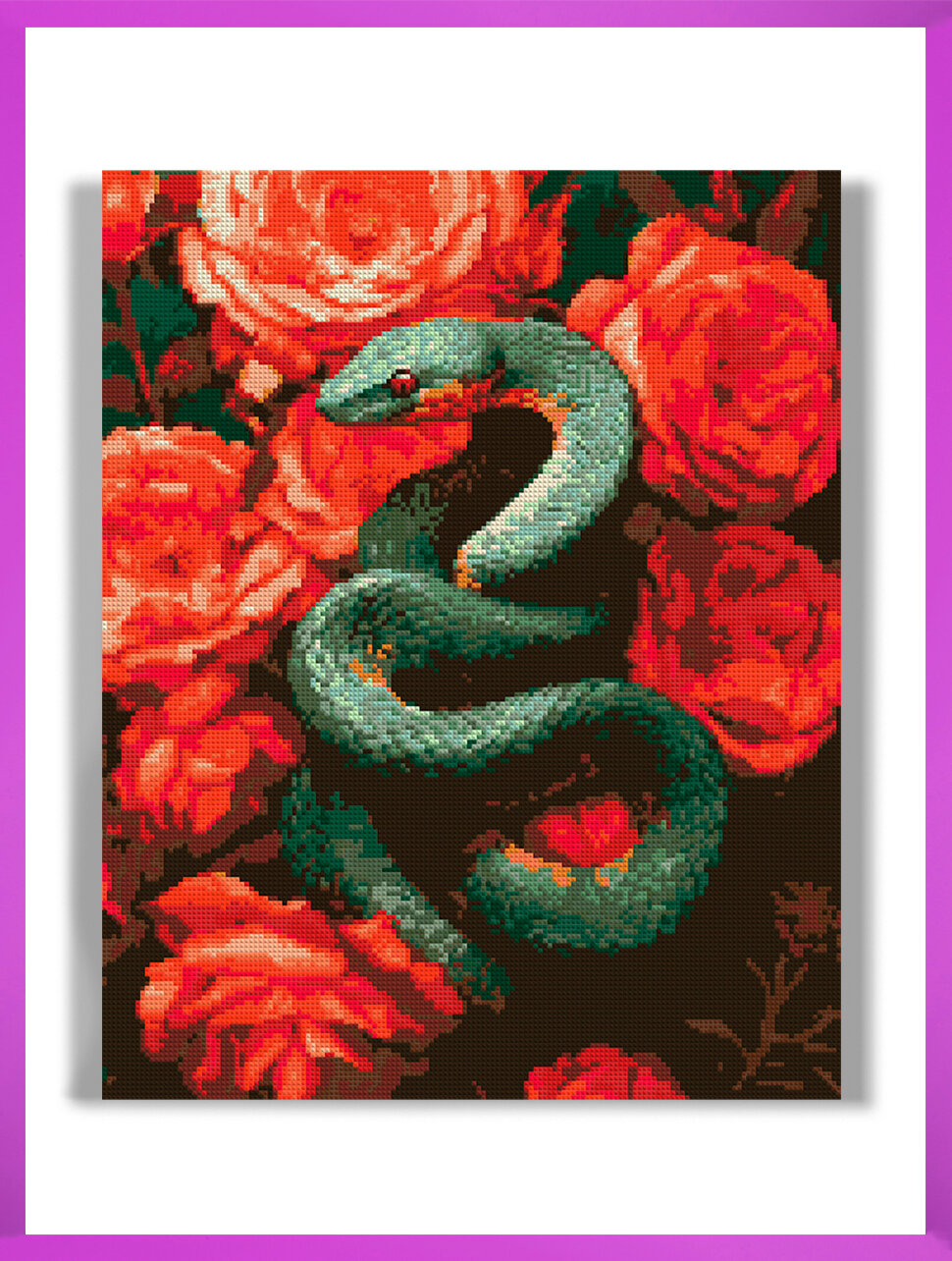 Алмазная мозаика на подрамнике - вышивка Змея в красных цветах 40 х 50 см