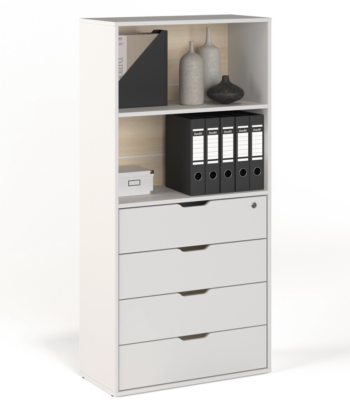 Стеллаж БАНГА-34 Белый, с ящиками и открытой полкой, (ВхШхГ) 142,6х69,8х32,6 см, ЛДСП