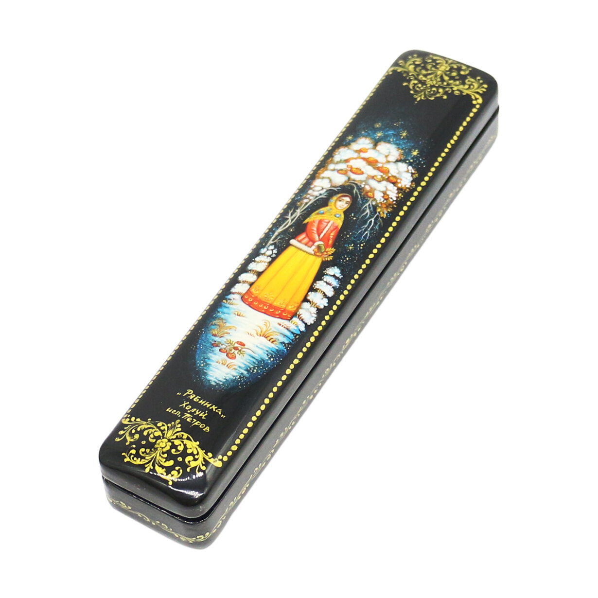 Шкатулка Холуй Рябинка, пенал с ручкой, исп. Петров