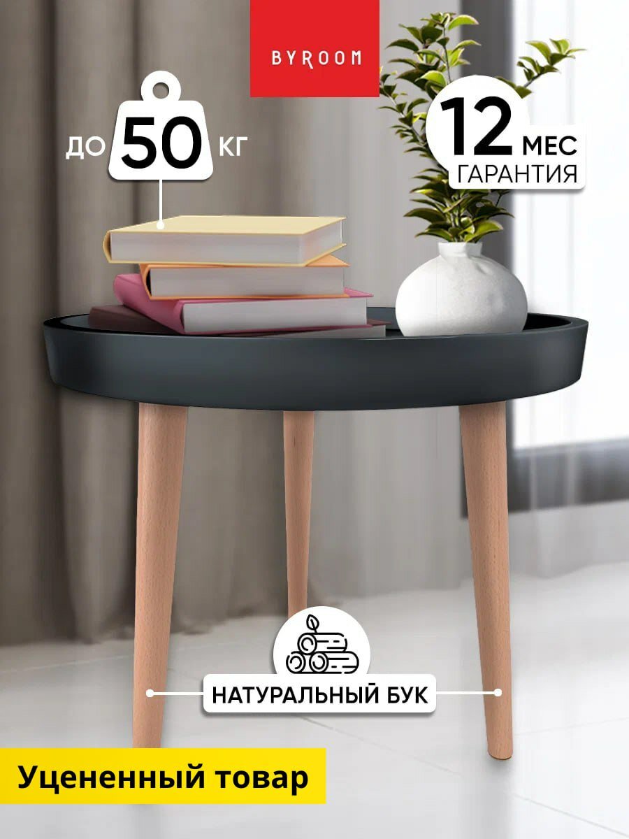 Столик журнальный круглый BYROOM Home FIG, Стол приставной прикроватный сервировочный лофт для ноутбука гостиной комнаты дачи, черный
