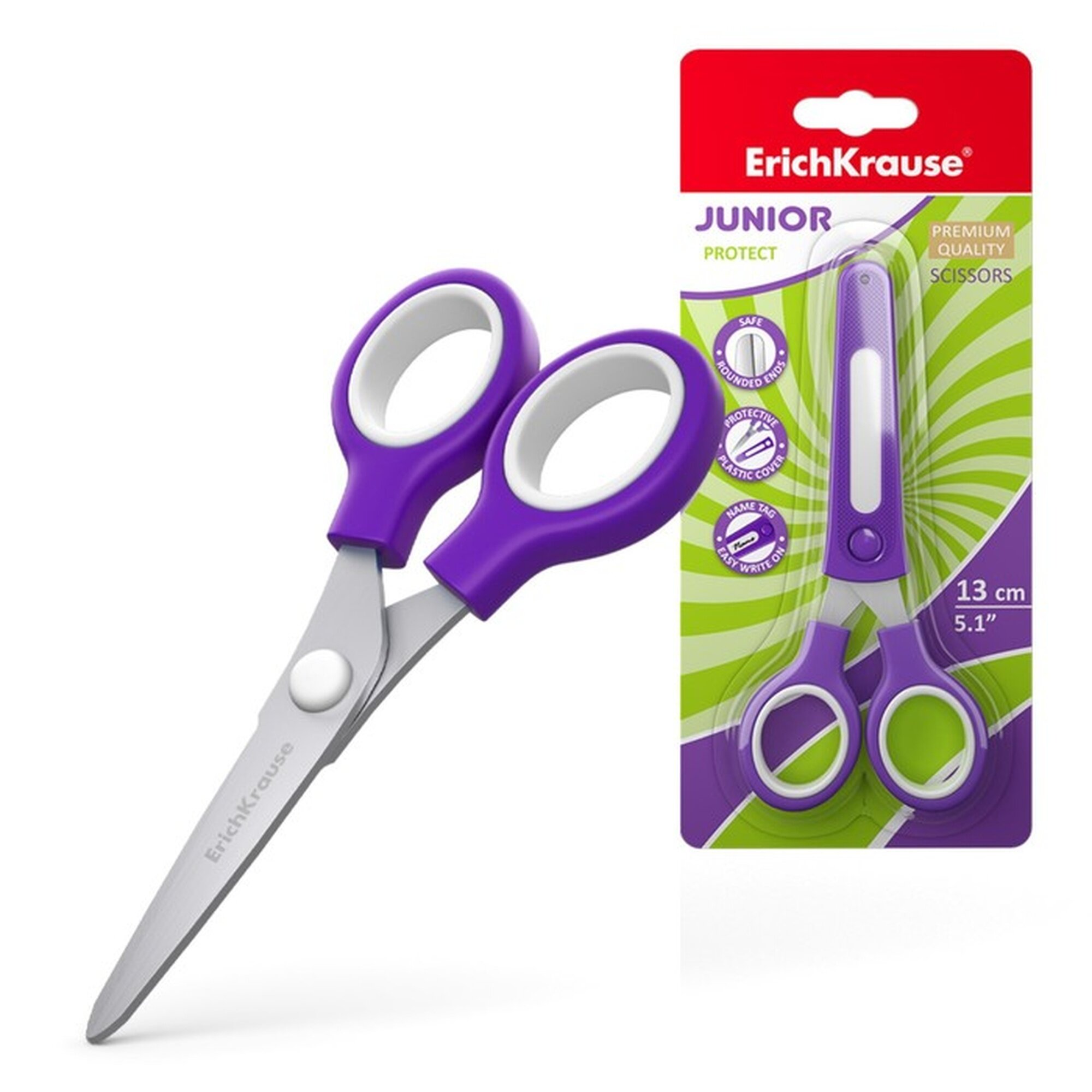 Ножницы детские ErichKrause Junior Protect, 13 см, с пластиковым чехлом и именным стикером, в блистере, микс