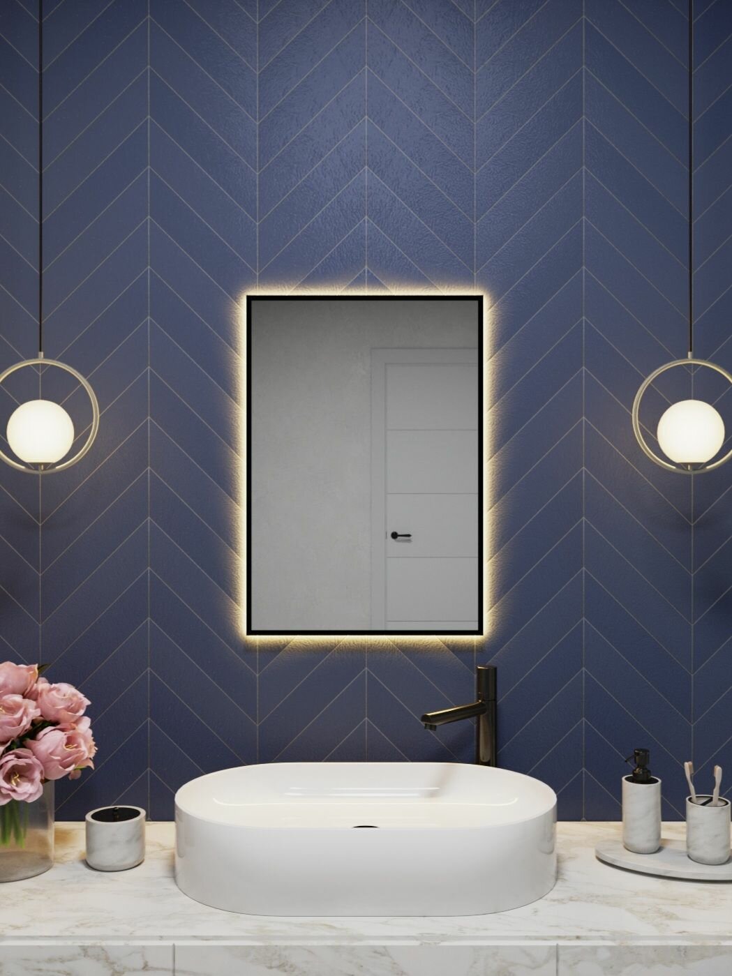 Зеркало в ванную 70х40 см. черное с подсветкой. Свет: Теплый белый 3000К В алюминиевой раме настенное MOONRISE