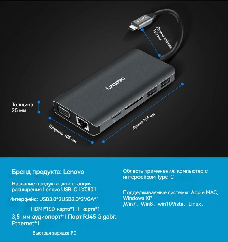 Lenovo Type-C 11 в 1 док станция/ USB разветвитель, переходник HDMI, Разветвитель USB 2.0/3.0, переходник HDMI, для флешки, Type-C , для интернет кабеля RJ45