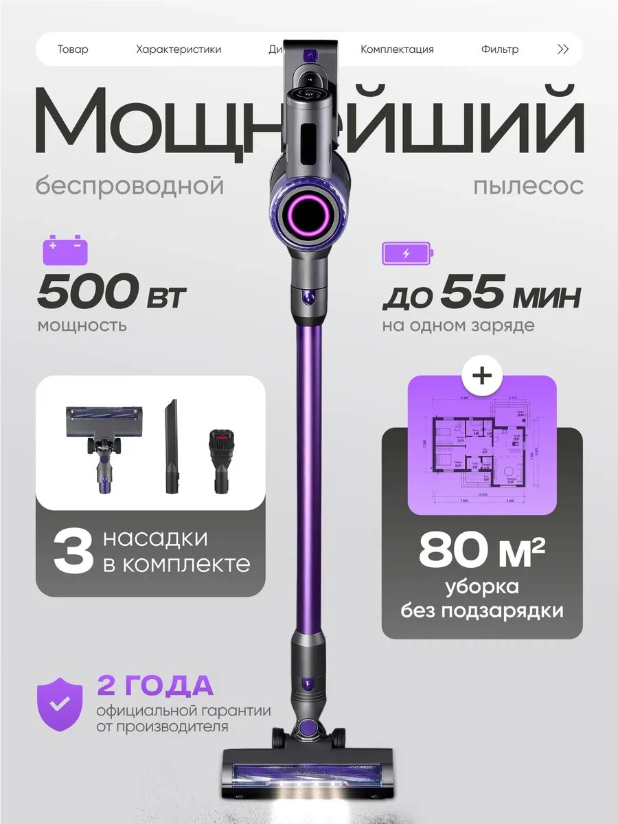Пылесос вертикальный беспроводной ручной для дома 3в1