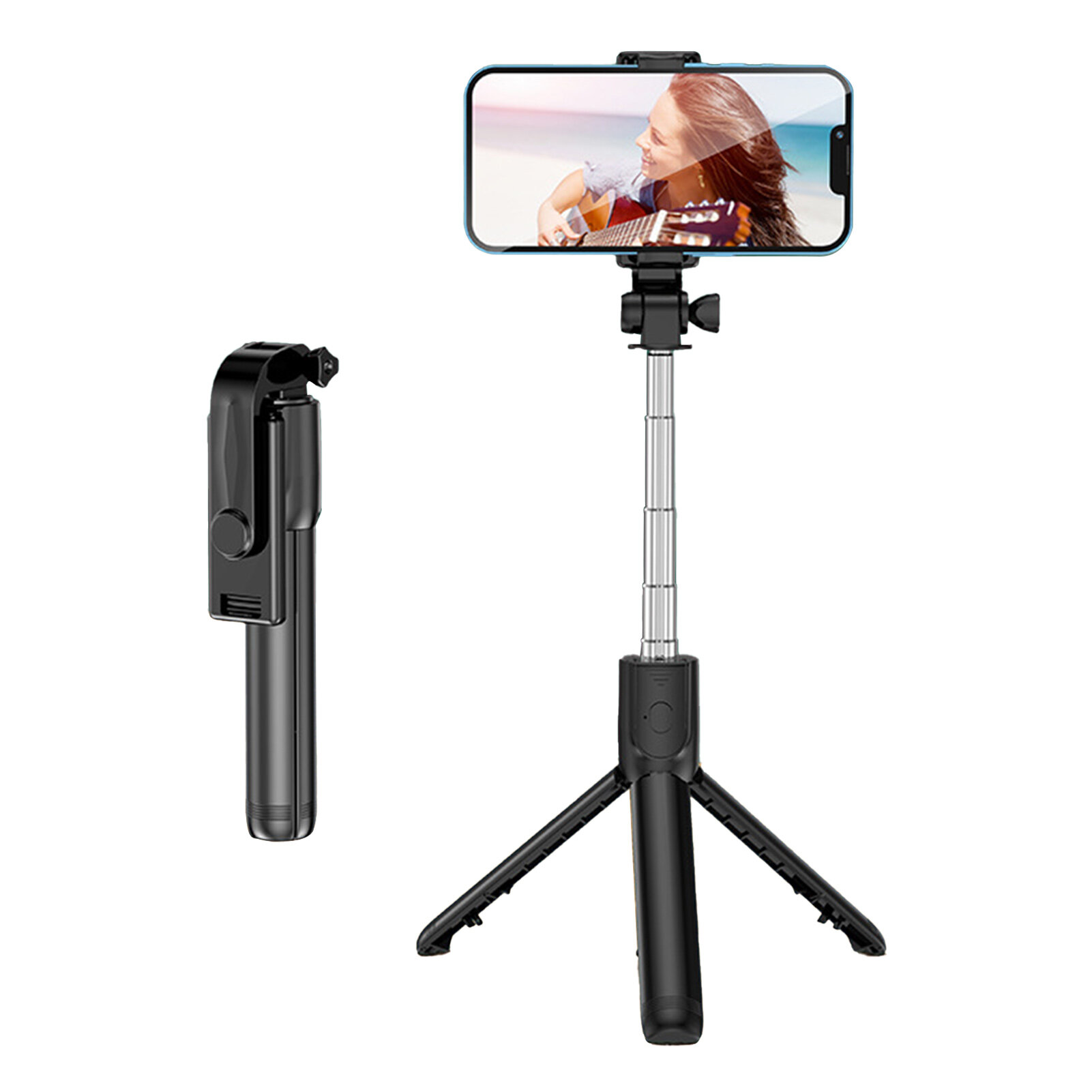 Live Video Tripod Selfie Stick Stainless Steel Telescopic Folding Portable Rod with Remote Control Black