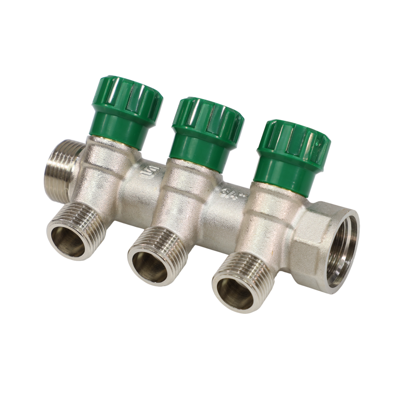 Коллектор латунь 3/4" ВР/НР на 3 вых 1/2" НР м/о 36мм под плоское уплотнение с регулирующими клапанами SantechSystems