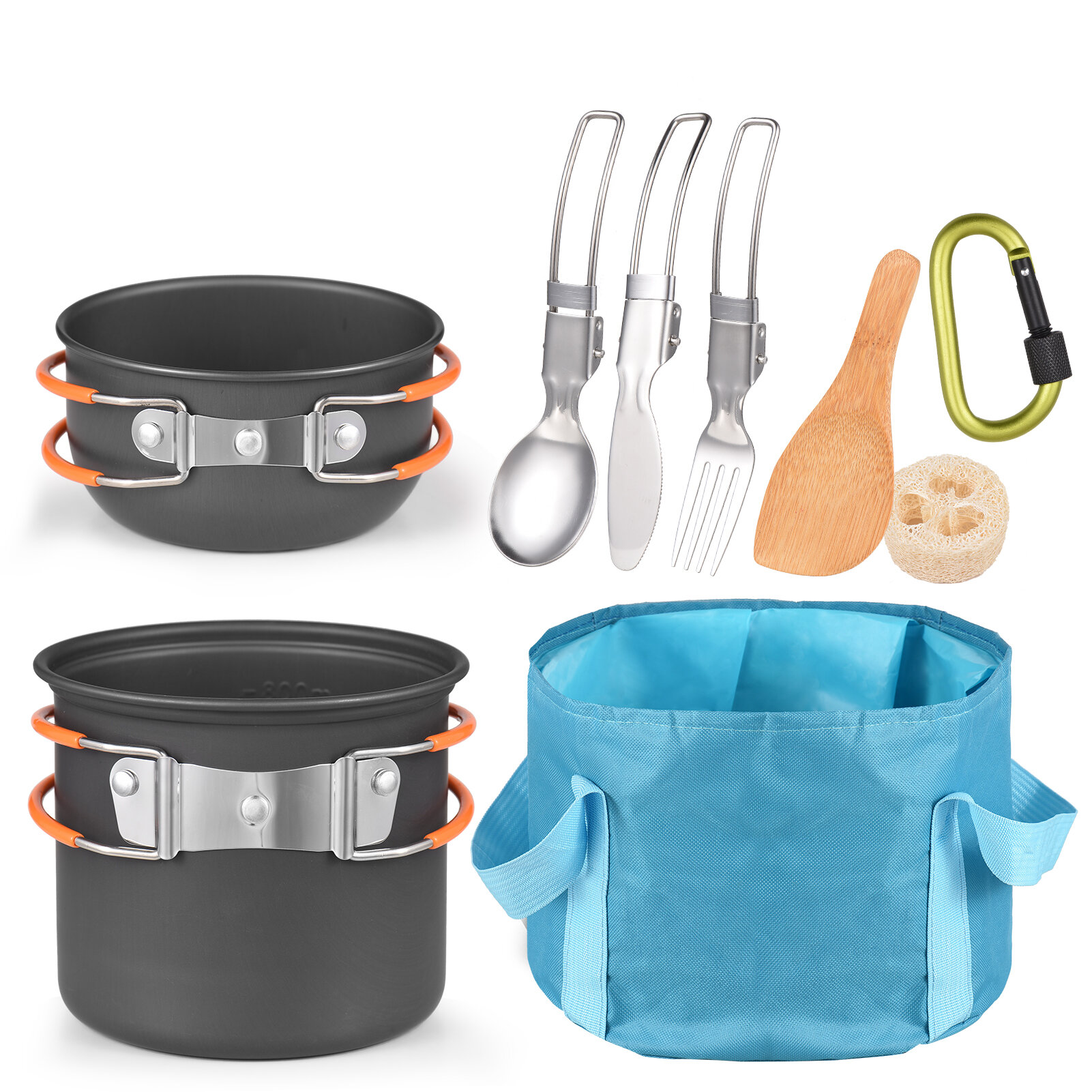 Набор посуды для кемпинга Camping Cookware Mess Kit из алюминиевого сплава и нержавеющей стали: 1 большая кастрюля (12.3*10.4см), 1 маленькая кастрюля (11.5*5.8см), 1 ложка (свернутая 9см, развернутая 15.2см), 1 нож (свернутый 9.2см, развернутый 15.4см),