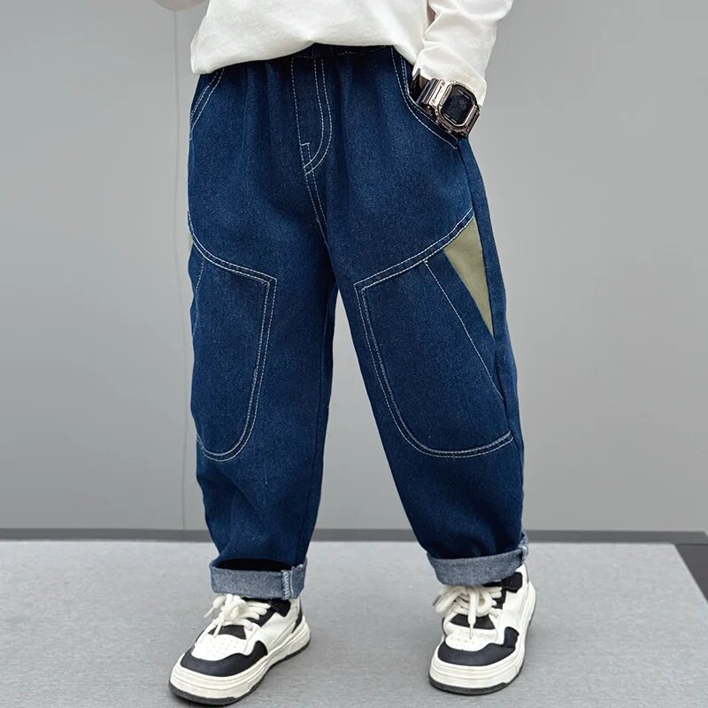 RONG CH Винтажные ярко-синие пэчворк джинсы для мальчиков свободные весенние брюки 2-11 лет
