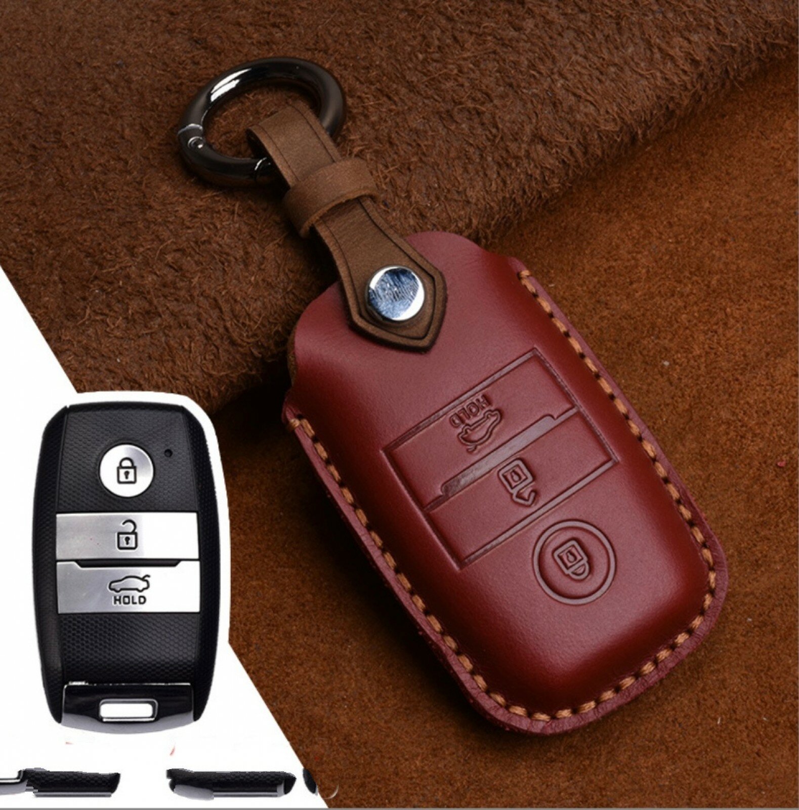 Кожаный чехол ручной работы MyPads для смарт ключа KIA красный воск с металлическим брелком