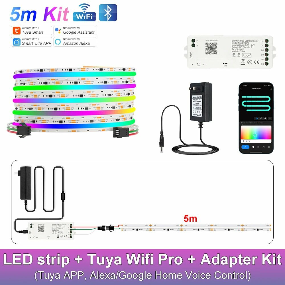 Набор светодиодной ленты Tuya WiFi с адресным управлением 25M 5M 10M 20M 24V Pixel Dream Color Strip WS2811 SPI RGBIC лента для оформления помещений — 5m Tuya WiFi Kit